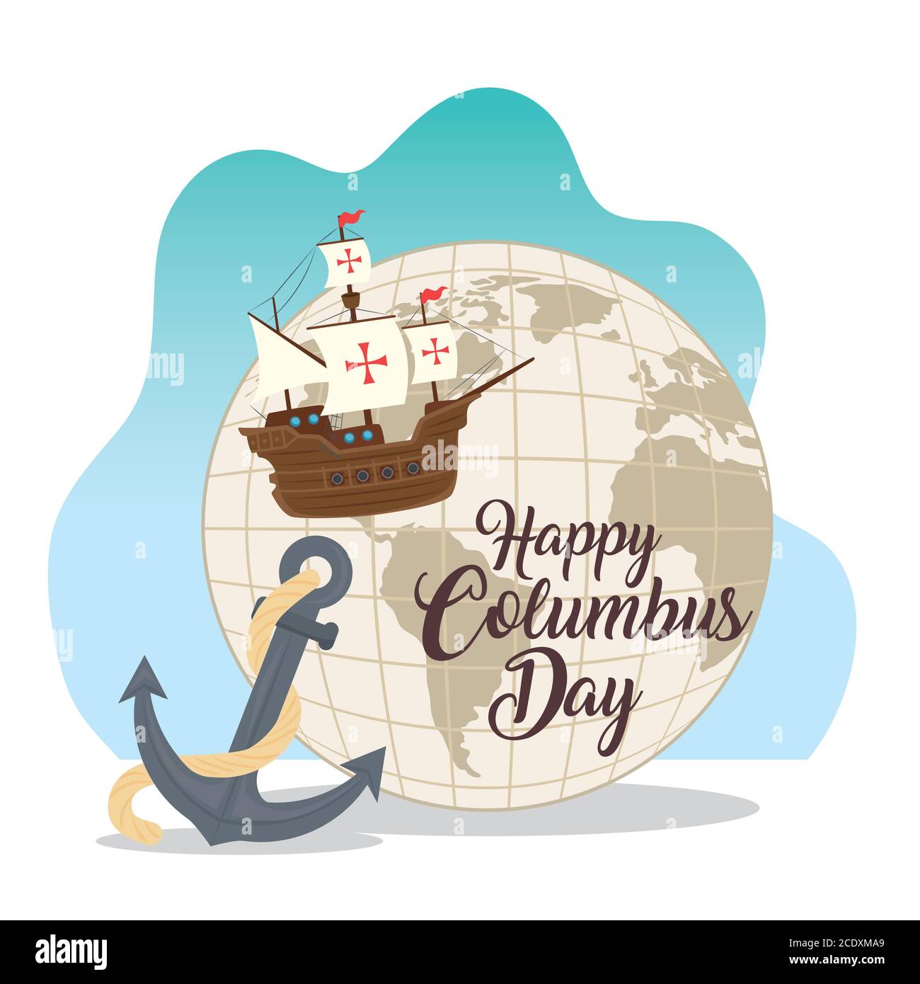 Columbus ship with world sphere and anchor of happy columbus day vector ...