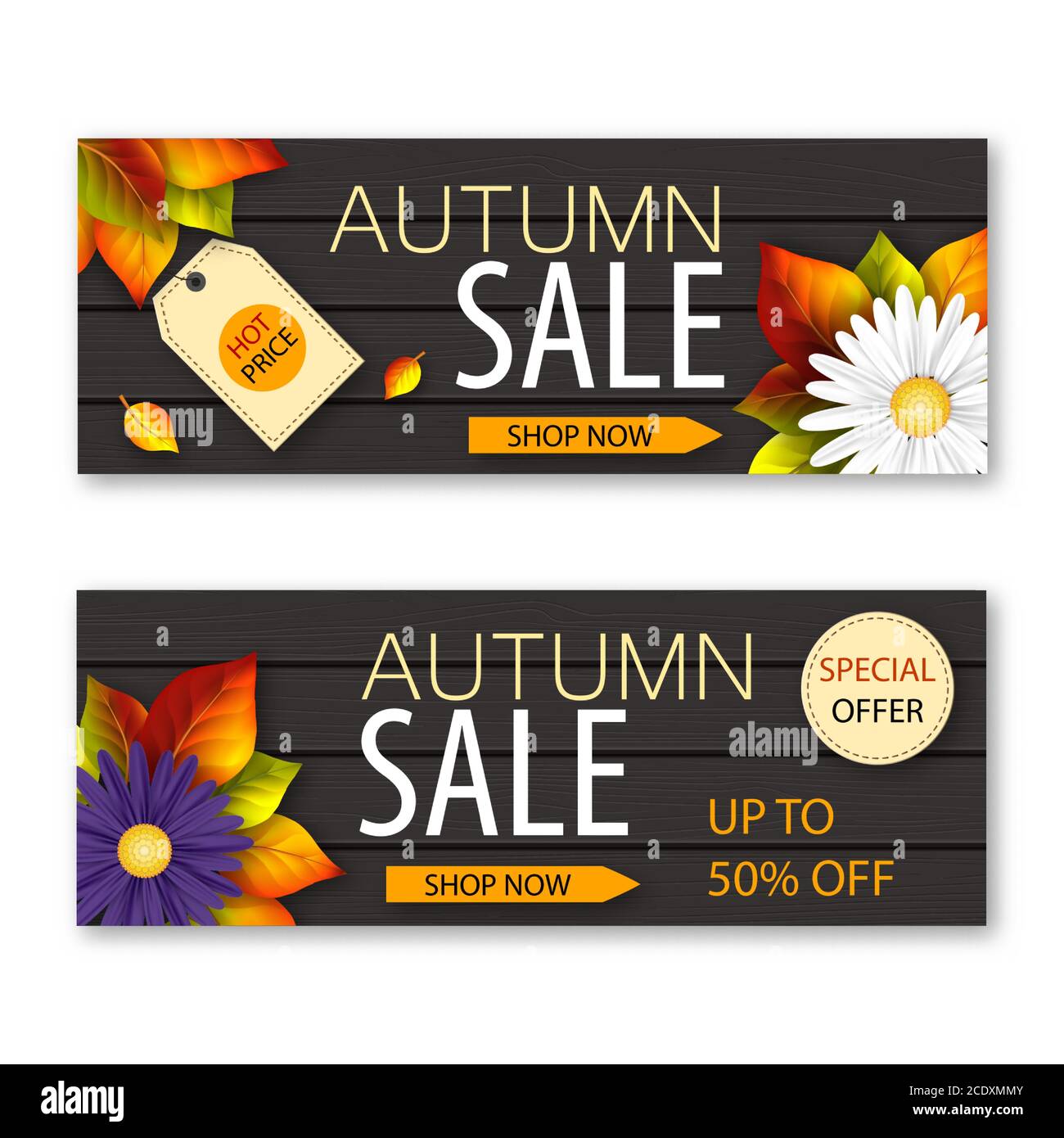Set of autumn sale banners with realistic flowers and fall leaves ...