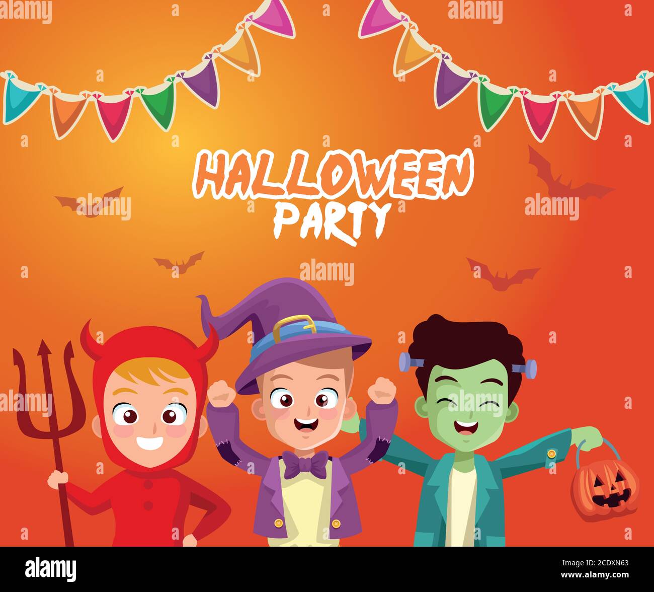 boys with halloween costumes with banner pennant design, Holiday and ...