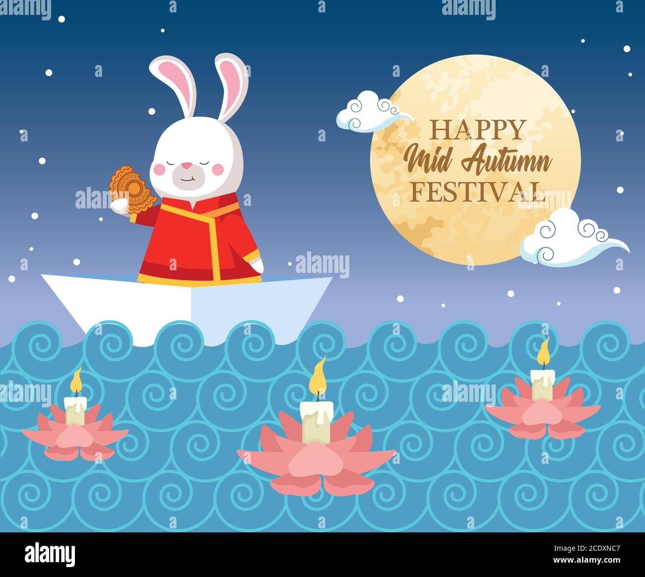 rabbit cartoon in traditional cloth with mooncake in boat design, Happy mid autumn harvest ...