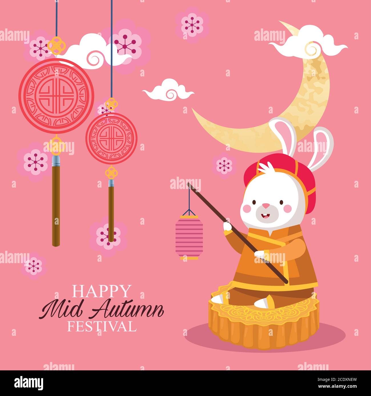 rabbit cartoon in traditional cloth with lantern on mooncake design, Happy mid autumn harvest ...