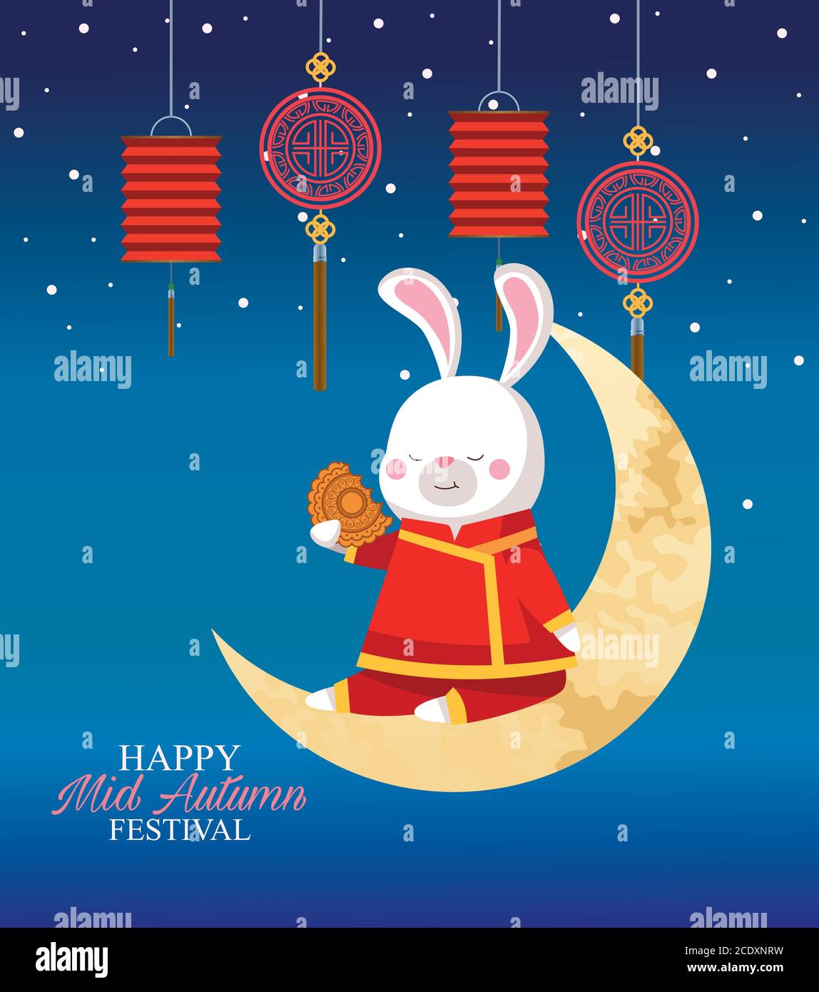 rabbit cartoon in traditional cloth on moon with mooncake and lanterns design, Happy mid autumn ...