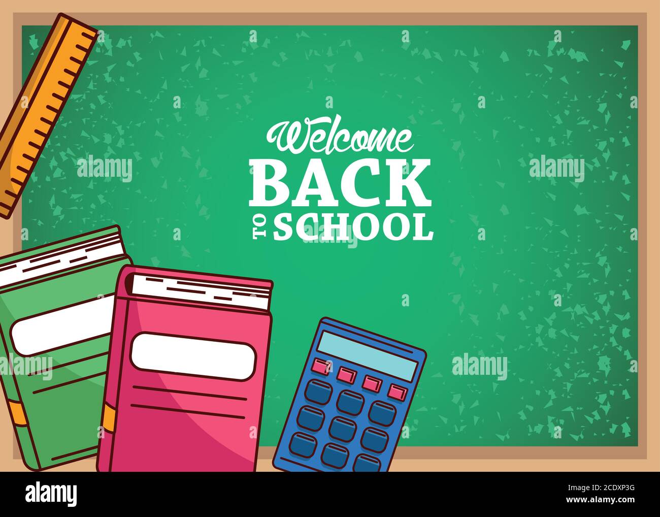 green board with notebooks calculator and ruler design, Back to school ...