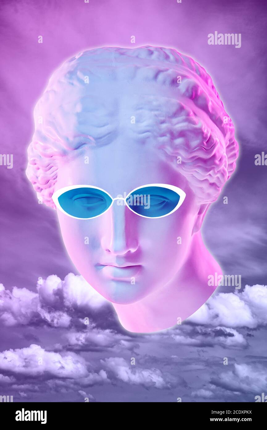 Collage with plaster antique sculpture of human face in a pop art style ...