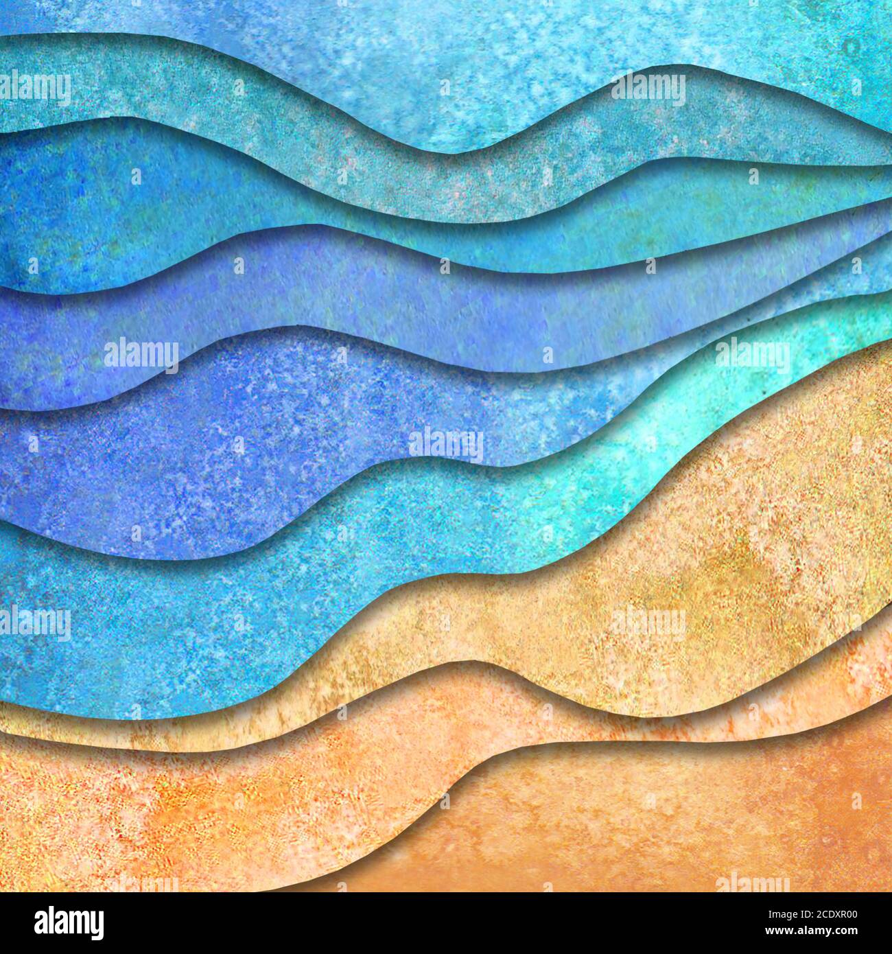 Abstract summer watercolor sea wave, sand beach background. Hand drawn ...