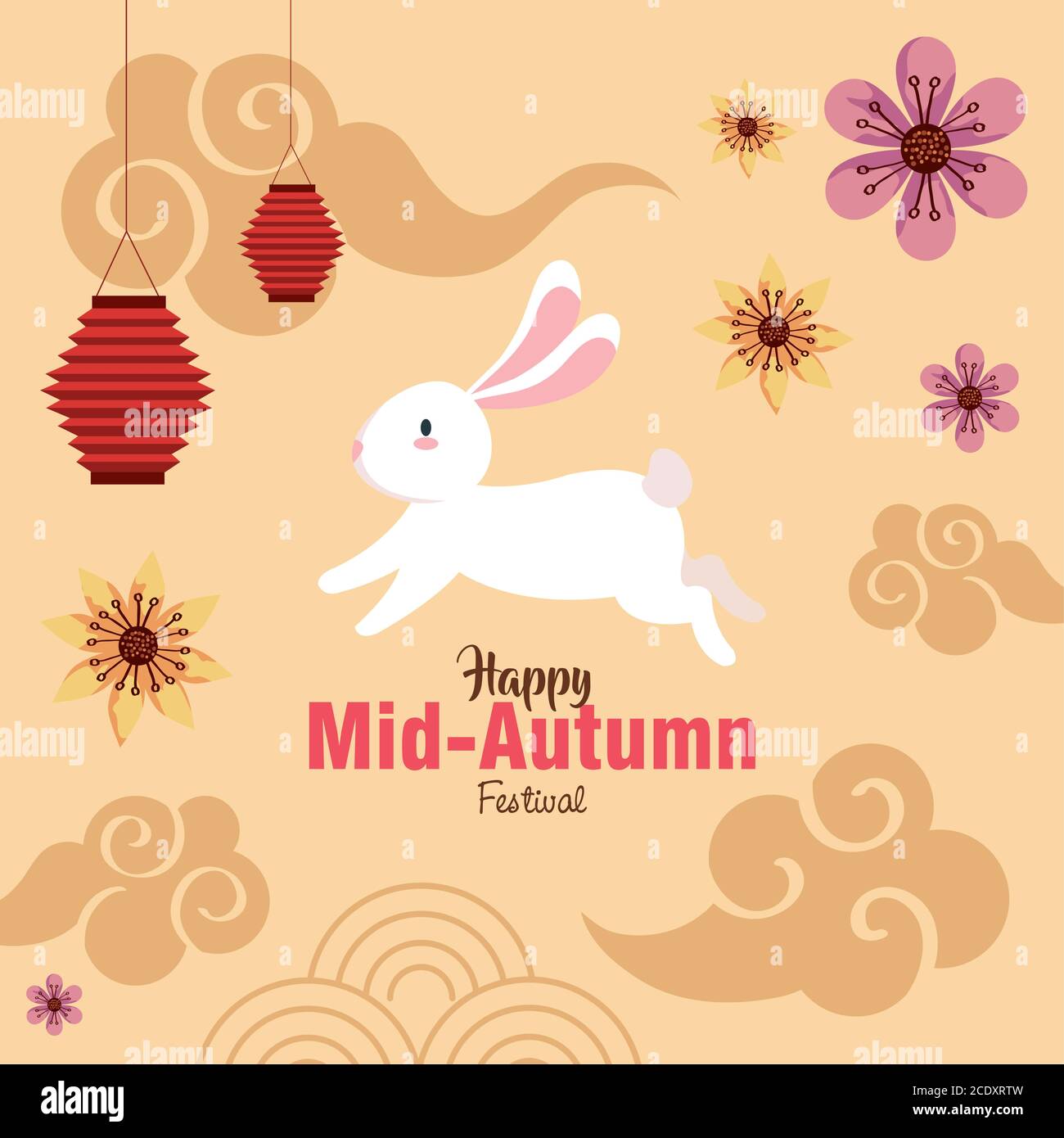 rabbit with clouds and lanterns of happy mid autumn festival vector ...