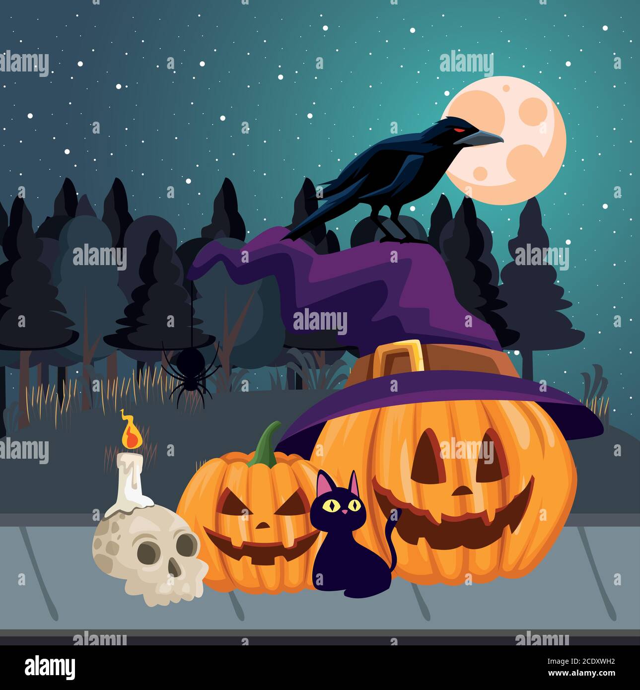 Halloween pumpkins cat and raven cartoons at night design, Holiday and ...