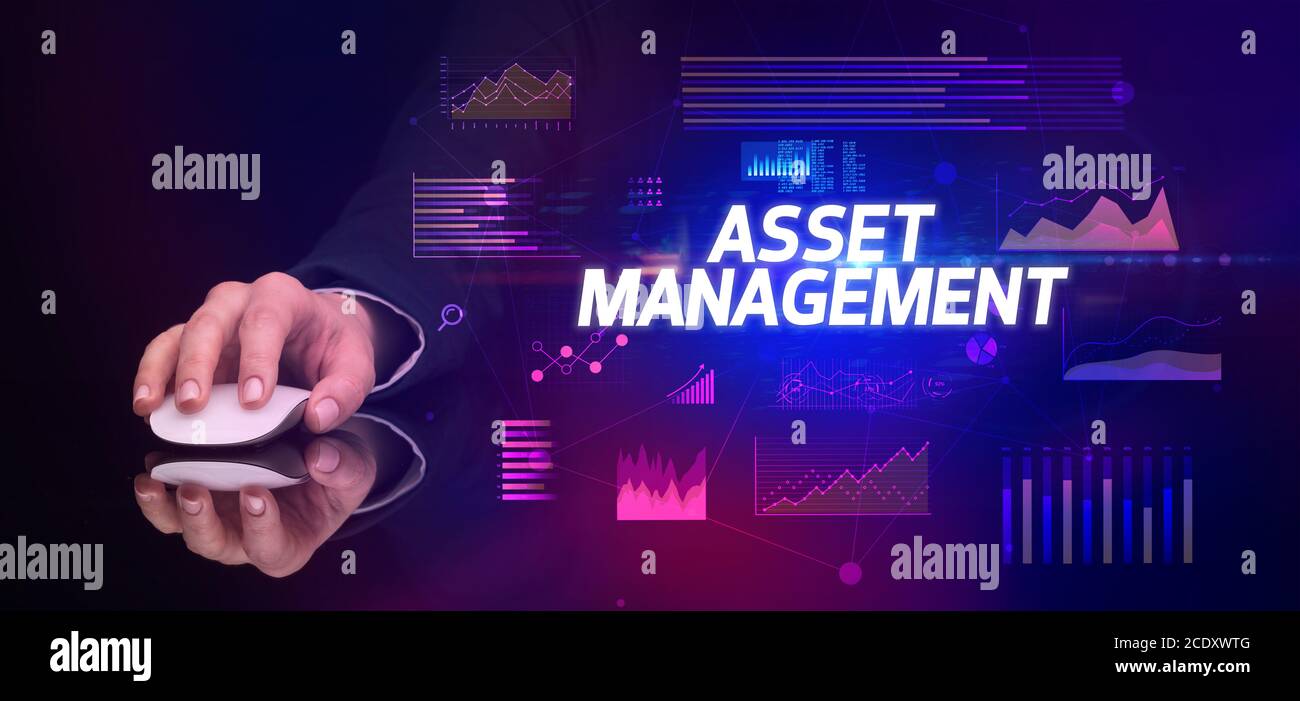 hand holding wireless peripheral with ASSET MANAGEMENT inscription ...