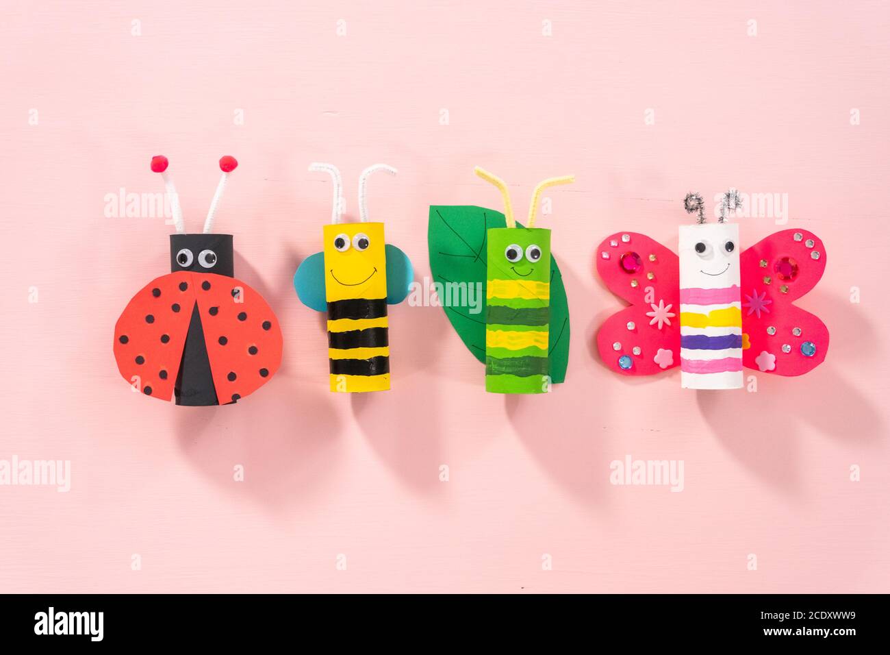 Flat lay. Bugs. Papercraft from the empty toilet paper rolls Stock ...