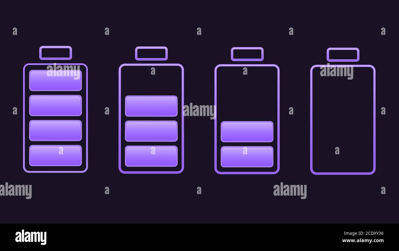 Set of neon battery charge level indicators. Vector illustration Stock ...
