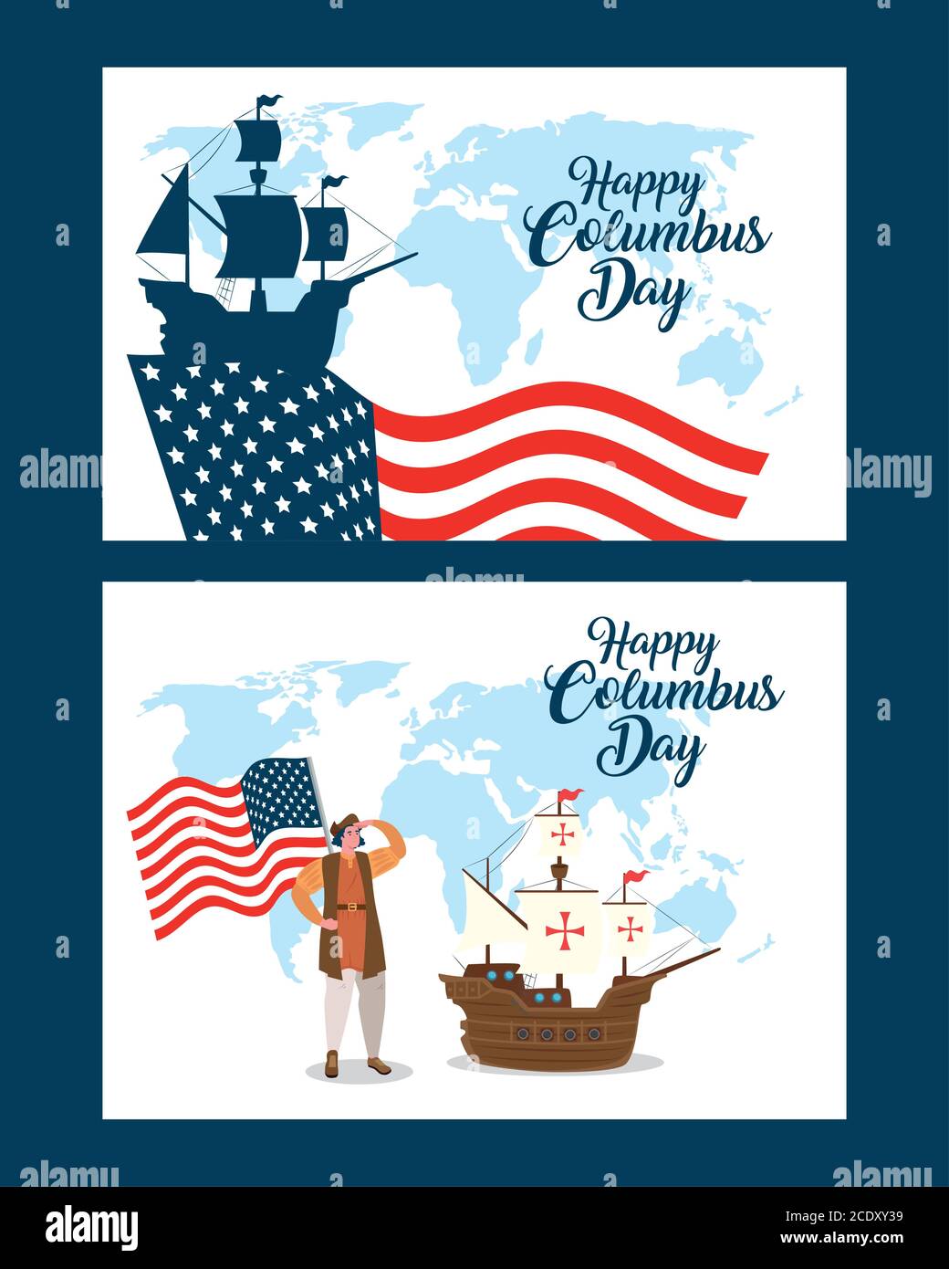 Christopher Columbus cartoon with ships and usa flags vector design ...