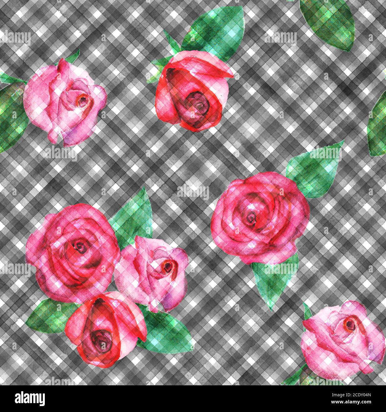 Background with watercolor pink red roses on black stripes plaid ...