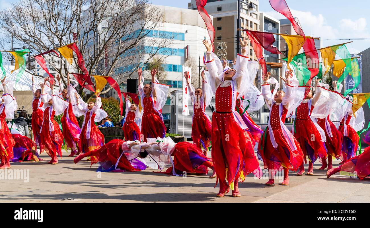 Japanese team of yosakoi children dancers, 9-10 year old, dancing in ...