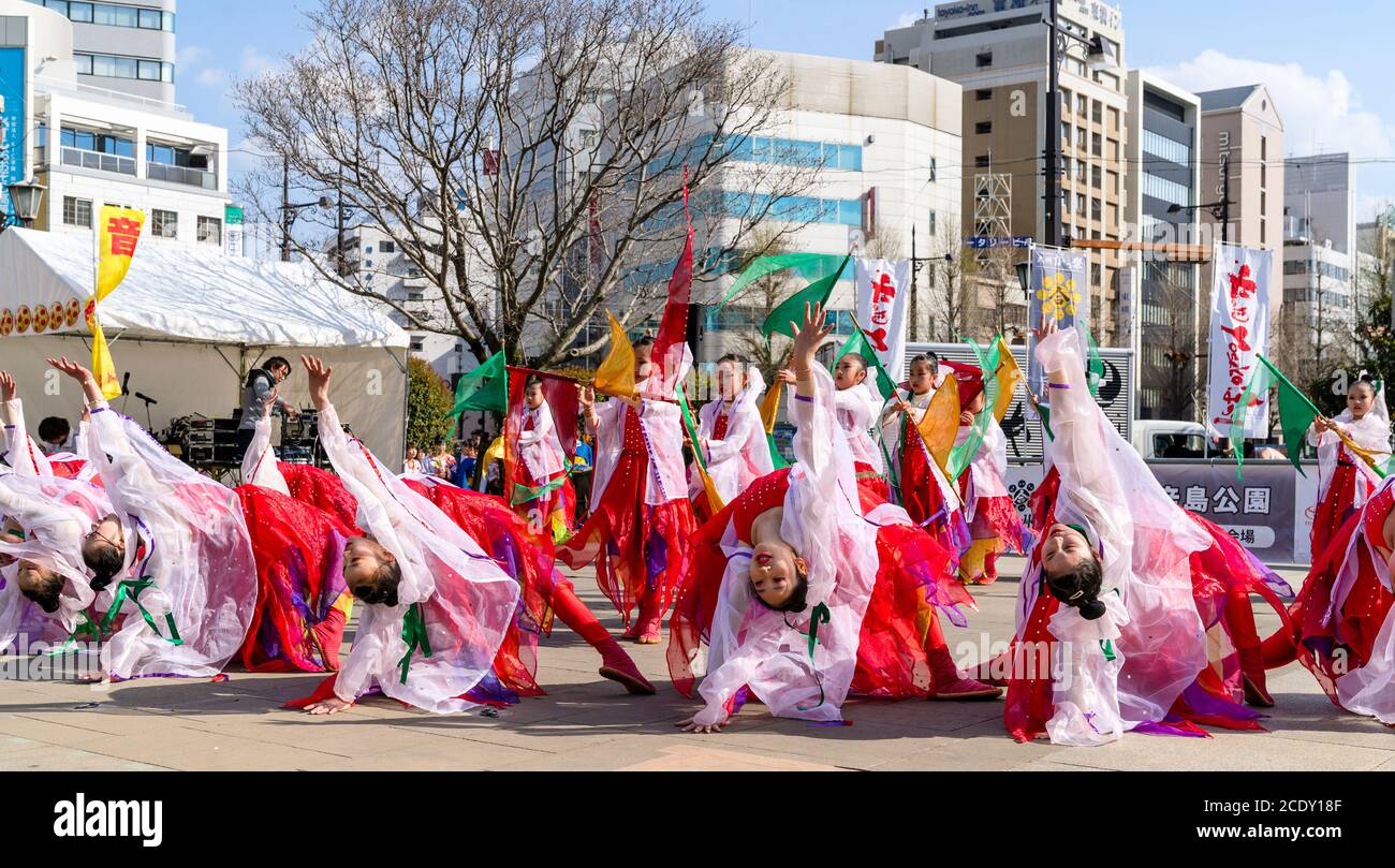 Japanese team of yosakoi child dancers, 9-10 year old, dancing in ...