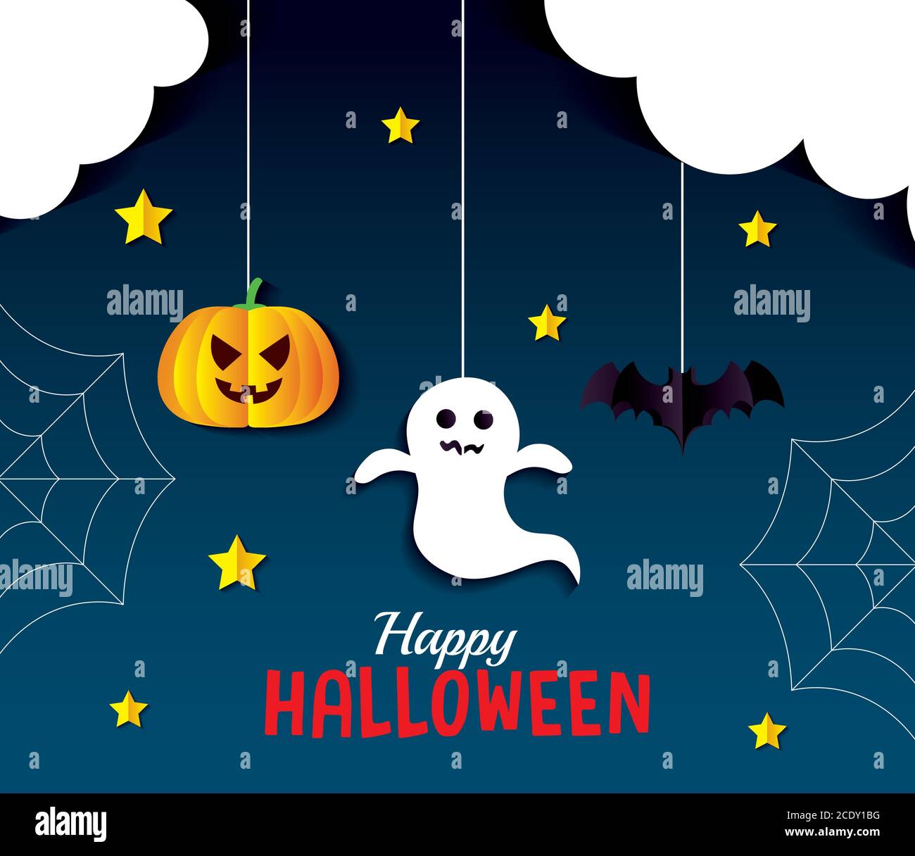 Halloween pumpkin ghost and bat cartoons hanging vector design Stock ...