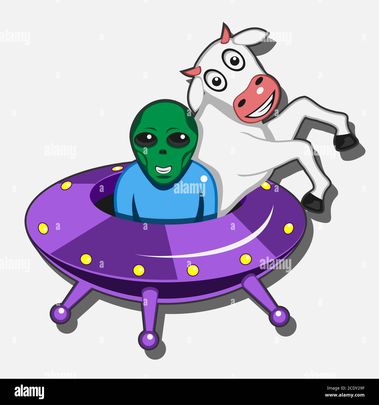 an alien spaceship steals a cow on a white isolated background. Vector ...