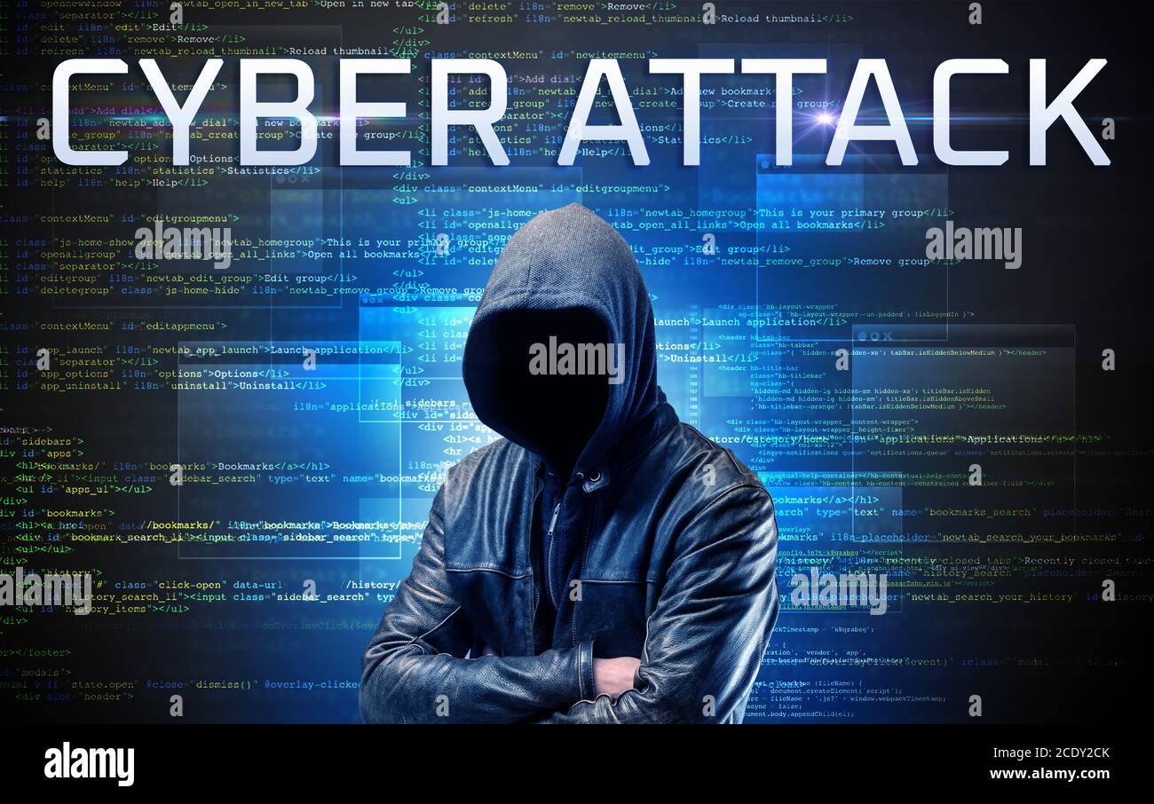 Faceless hacker with CYBER ATTACK inscription on a binary code ...