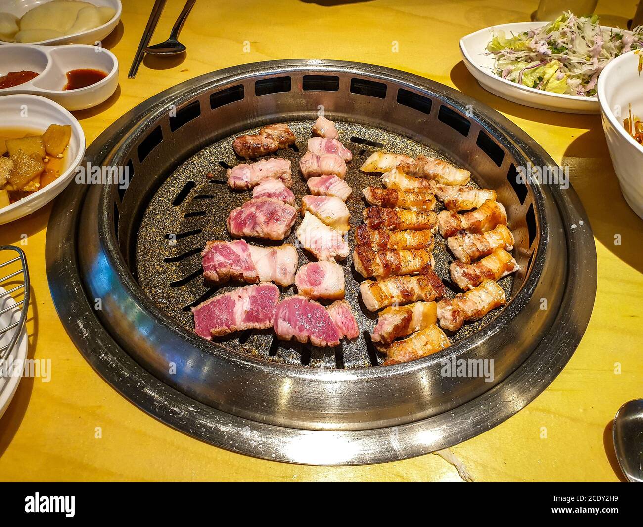 Samgyeopsal, grilled pork belly popular in South Korea. Three layer ...