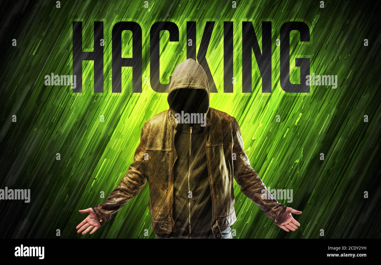 Mysterious man with HACKING inscription, online security concept Stock ...