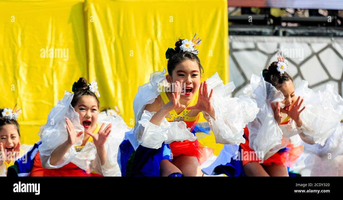 Japanese team of children yosakoi girl dancers, 10-11 year old, on ...