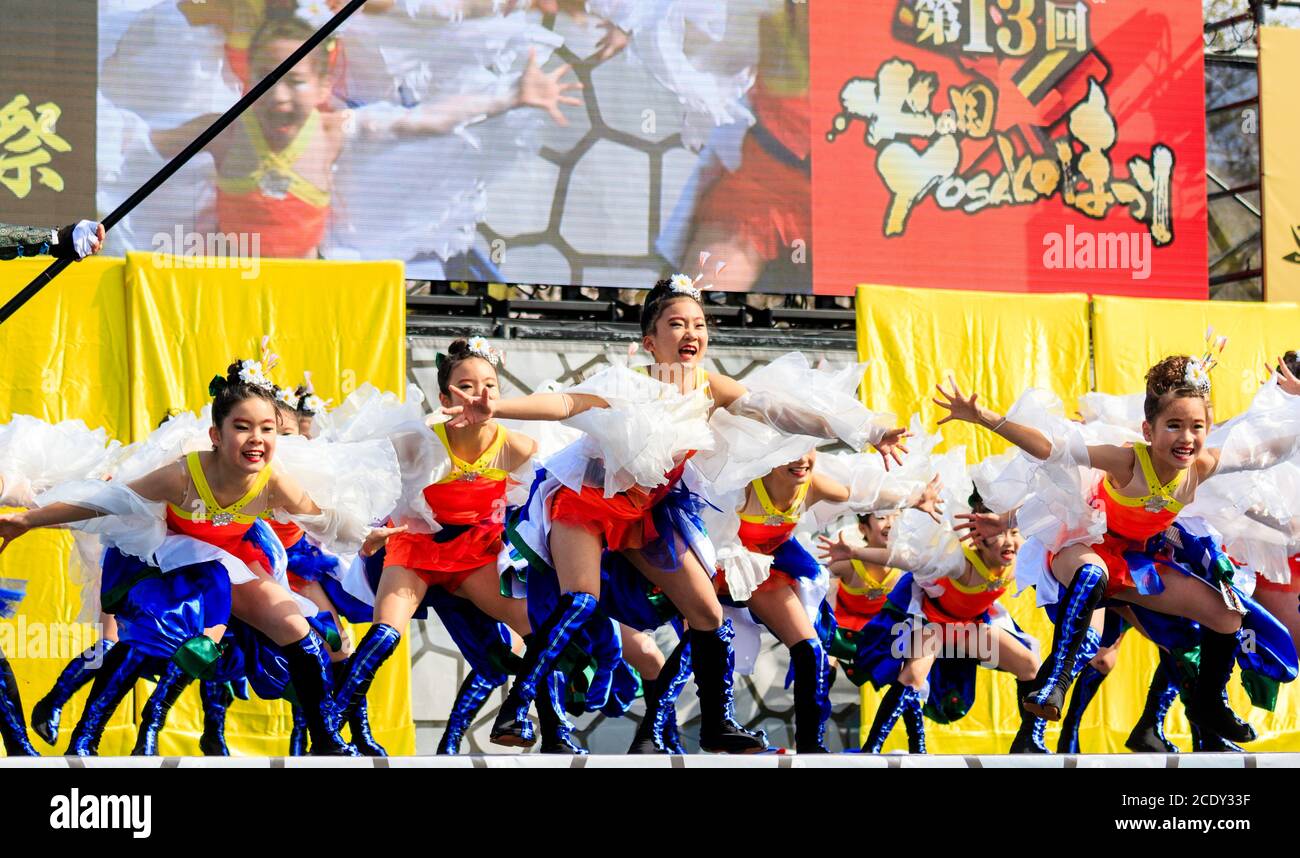 Japanese team of children yosakoi girl dancers, 10-11 year old, on ...