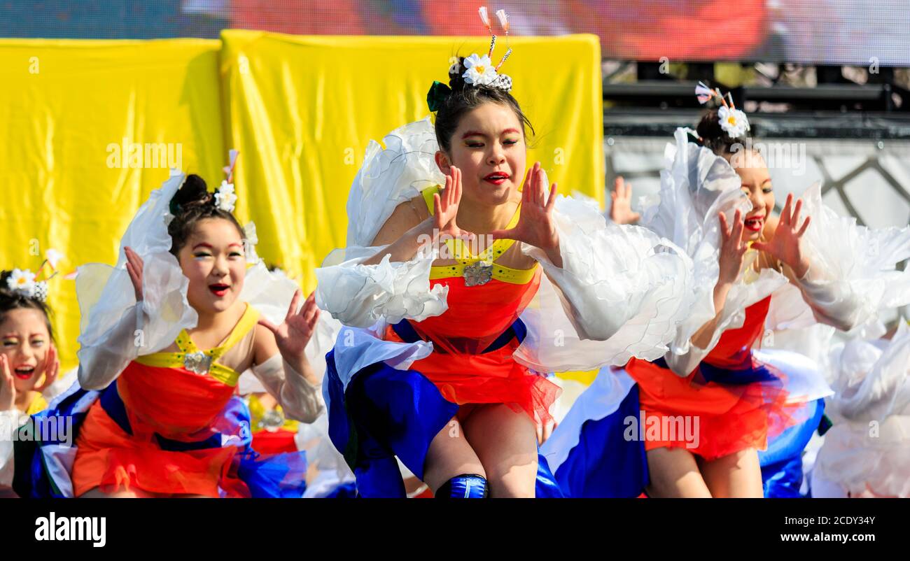 Japanese team of children yosakoi girl dancers, 10-11 year old, on ...