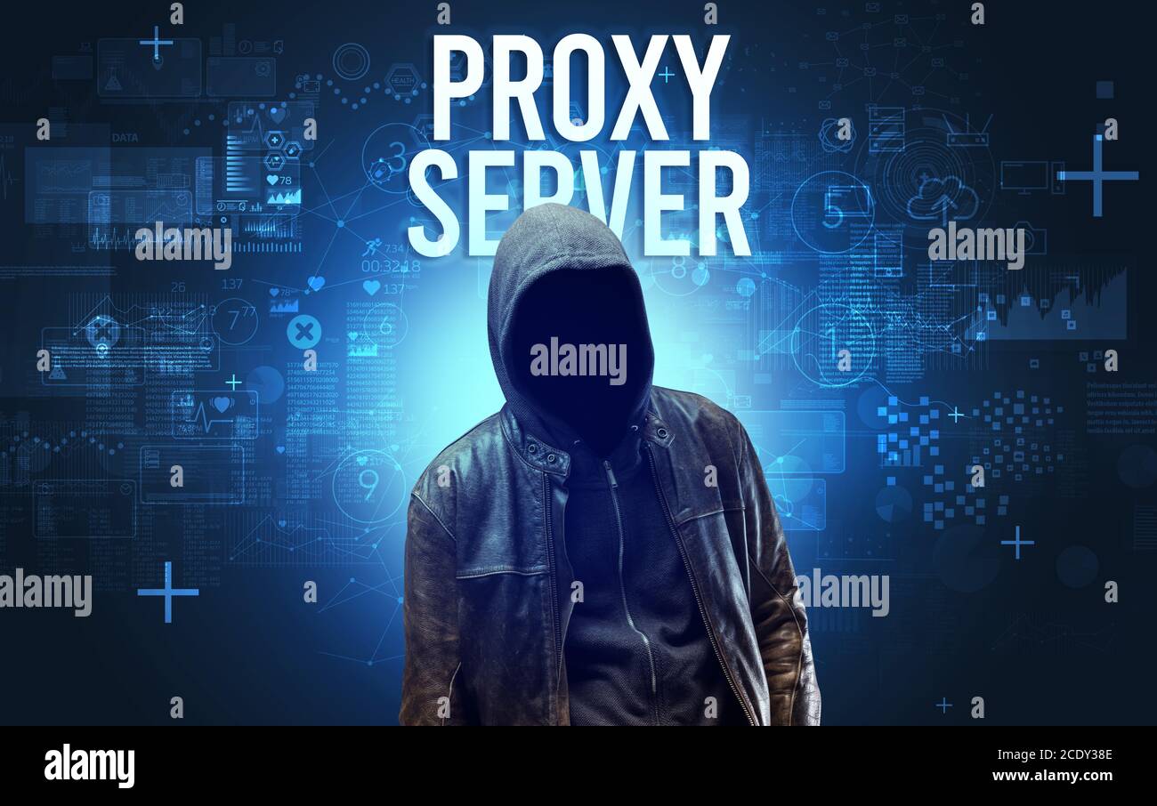 Faceless man with PROXY SERVER inscription, online security concept ...