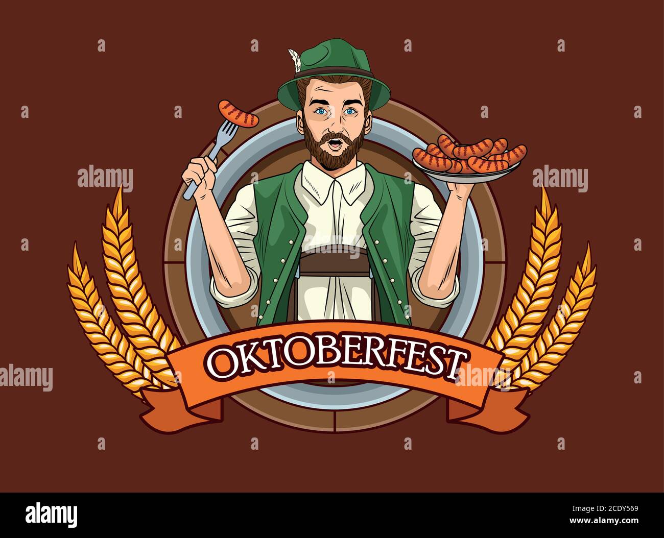 man cartoon with traditional cloth and sausages on beer barrel design ...