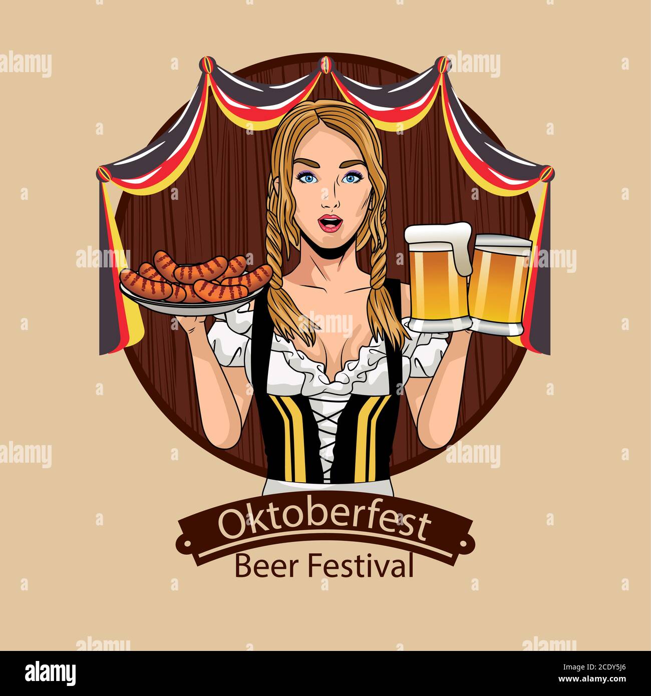 woman cartoon with traditional cloth beer glasses and sausages design ...