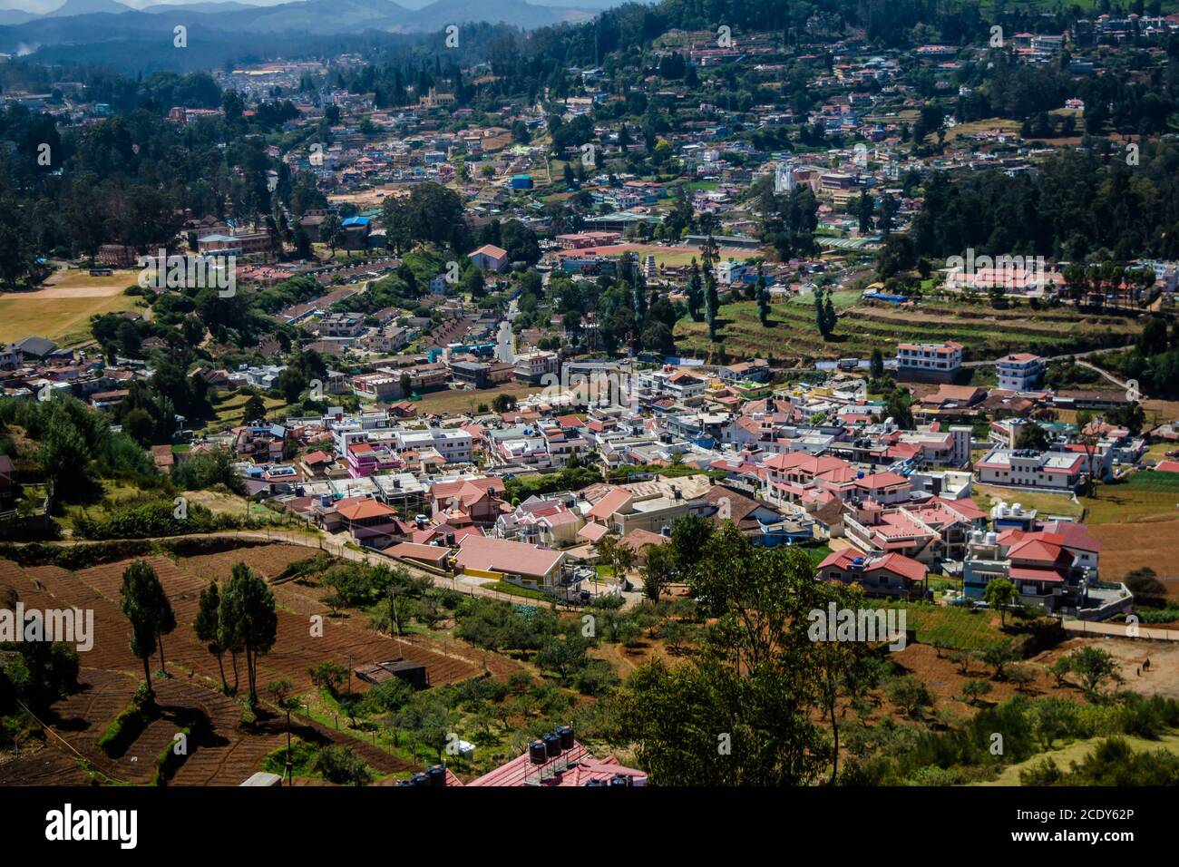 Ooty city aerial view, Ooty (Udhagamandalam) is a resort town in the ...