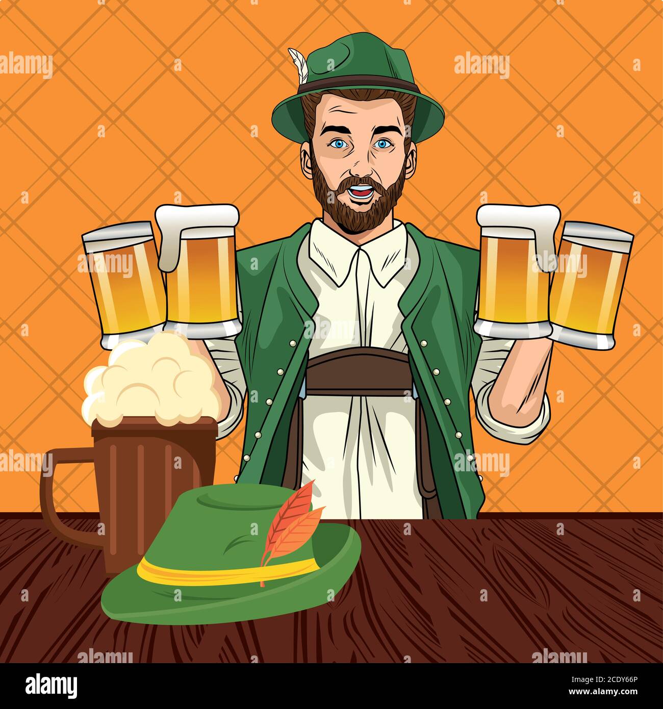 man cartoon with traditional cloth beer glasses and hat design ...