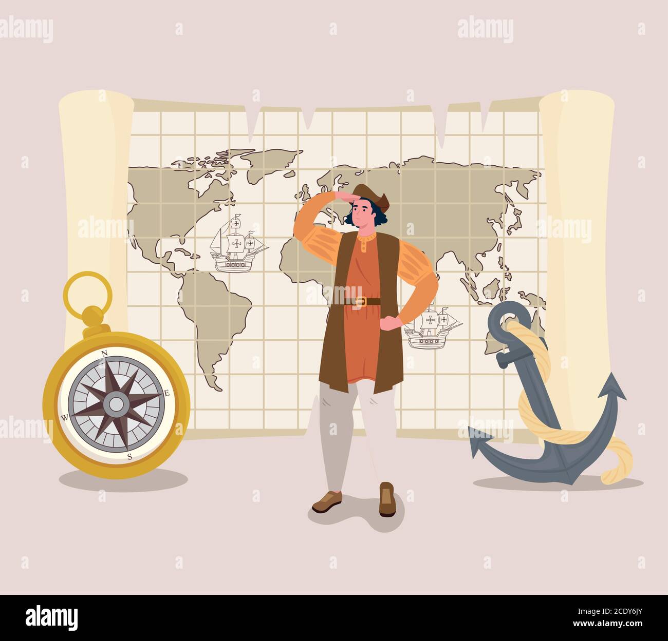 Christopher Columbus cartoon with compass and anchor vector design ...