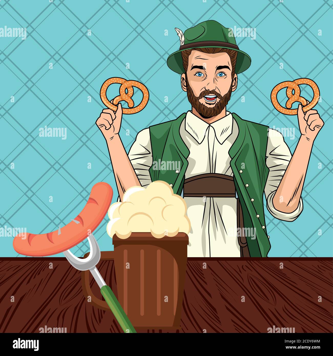 man cartoon with traditional cloth pretzels sausage and beer glass ...