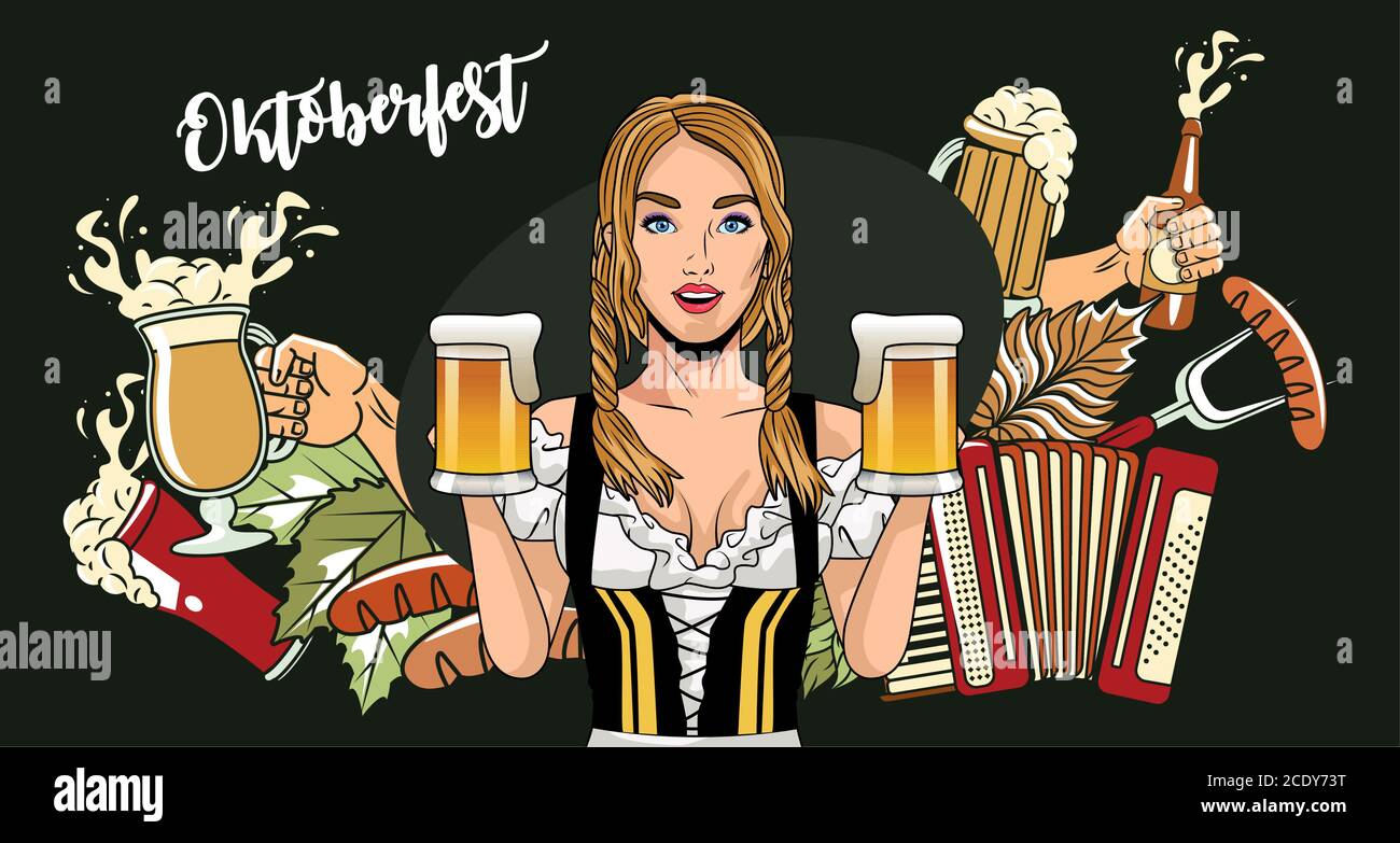 woman cartoon with traditional cloth sausages beer glasses and ...