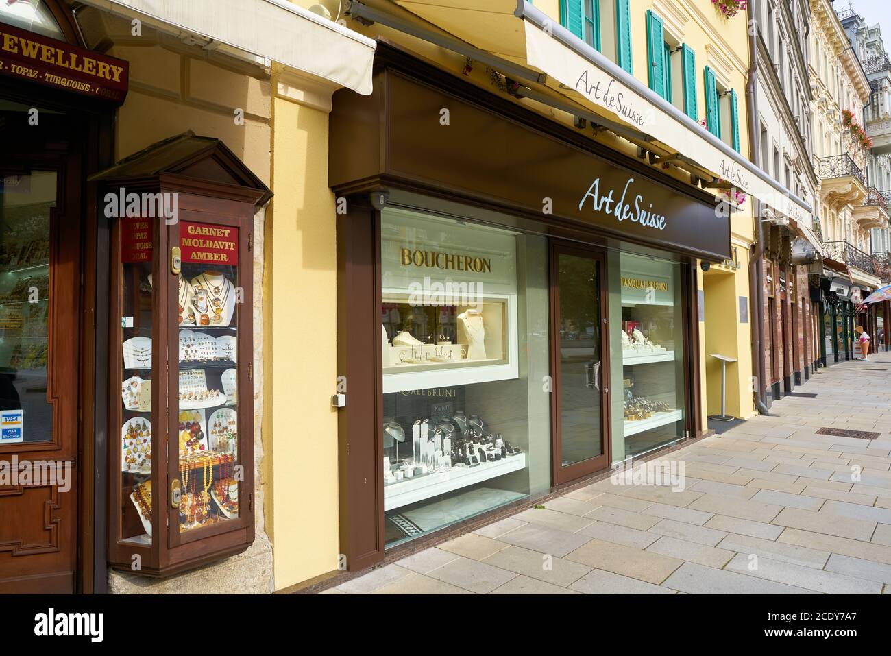 expensive shops for tourists in the old town of Karlovy Vary in the ...