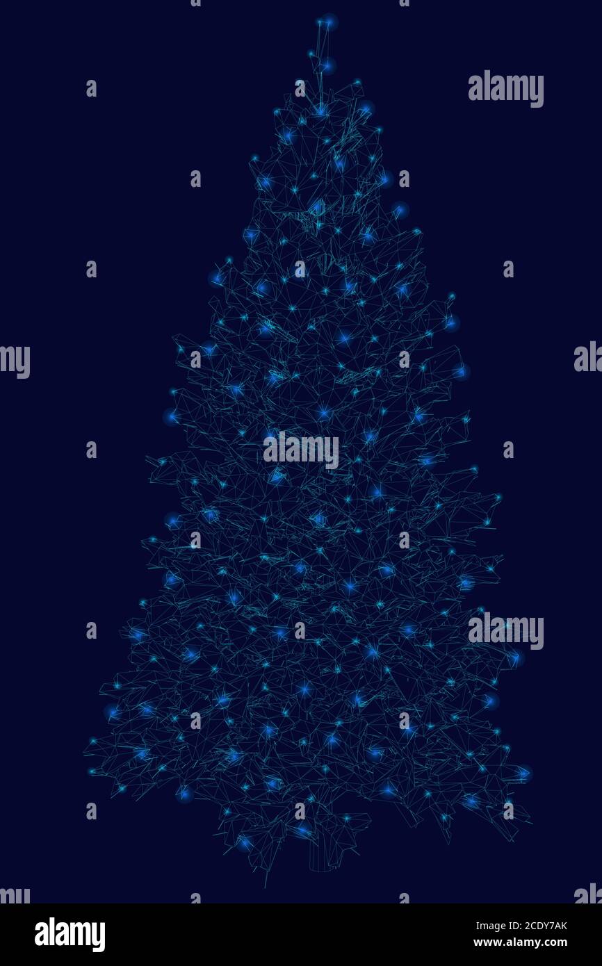 Wireframe of a Christmas tree made of blue lines with glowing lights on ...