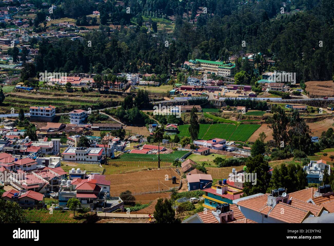 Ooty city aerial view, Ooty (Udhagamandalam) is a resort town in the ...