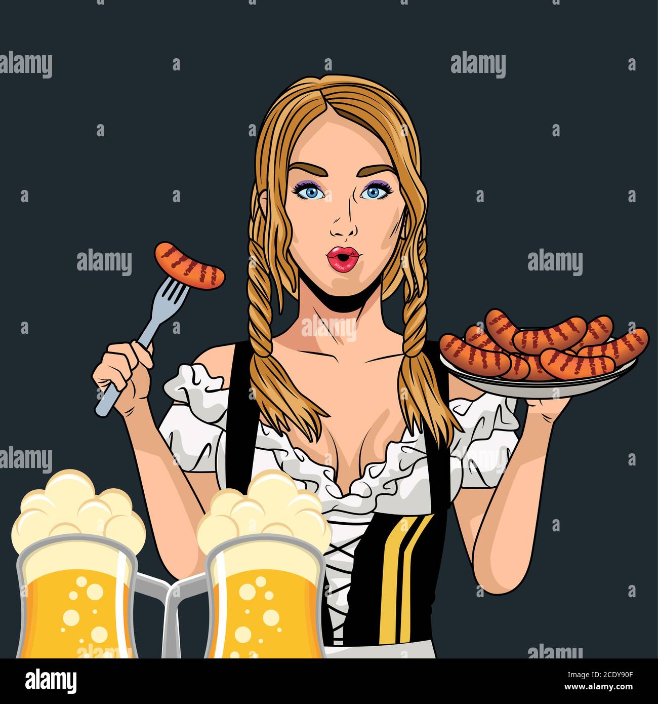 woman cartoon with traditional cloth beer glasses and sausages design ...