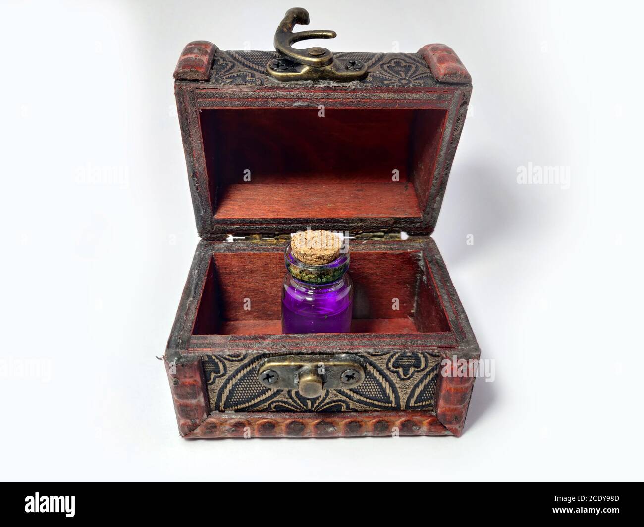 Wood chest with potion violet. old treasure casket isolated on white ...