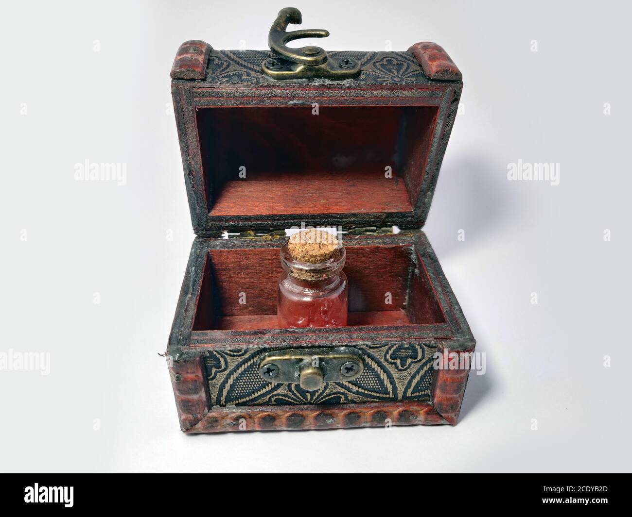 Wood chest with potion red. old treasure casket isolated on white ...