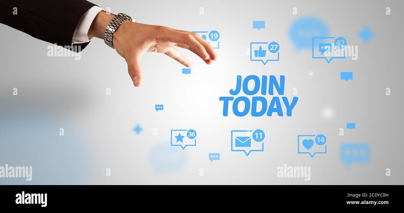 Close-Up of cropped hand pointing at JOIN TODAY inscription, social ...