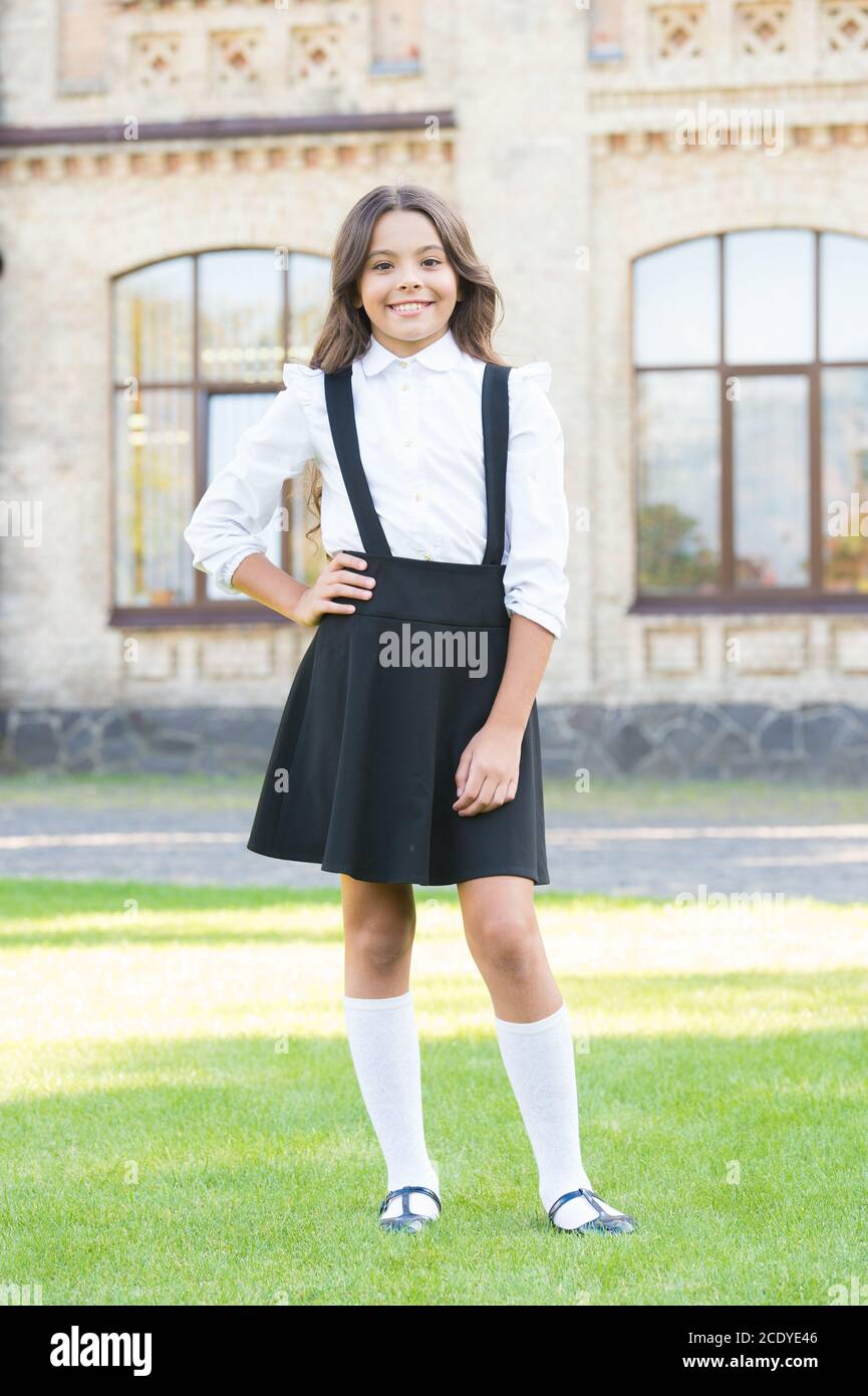 Meet school year. Happy childrens day. Elegant look of schoolgirl. Kid ...