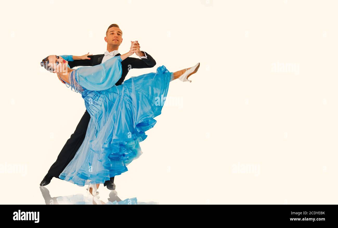 dance ballroom couple in red dress dance pose isolated on black ...