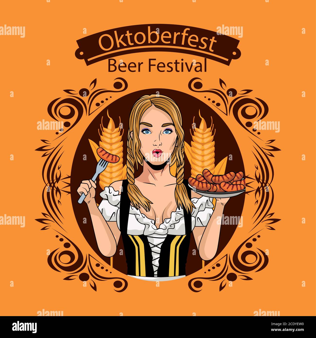 woman cartoon with traditional cloth and sausages design, Oktoberfest ...