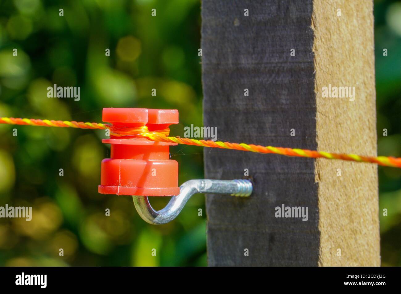 Electric shepherd wire in a plastic holder and blurred green fields in ...