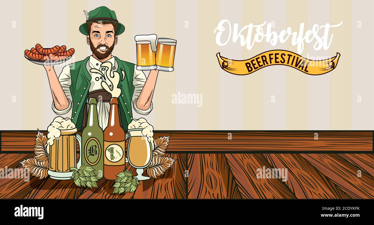 man cartoon with traditional cloth sausages beer glasses and bottles ...