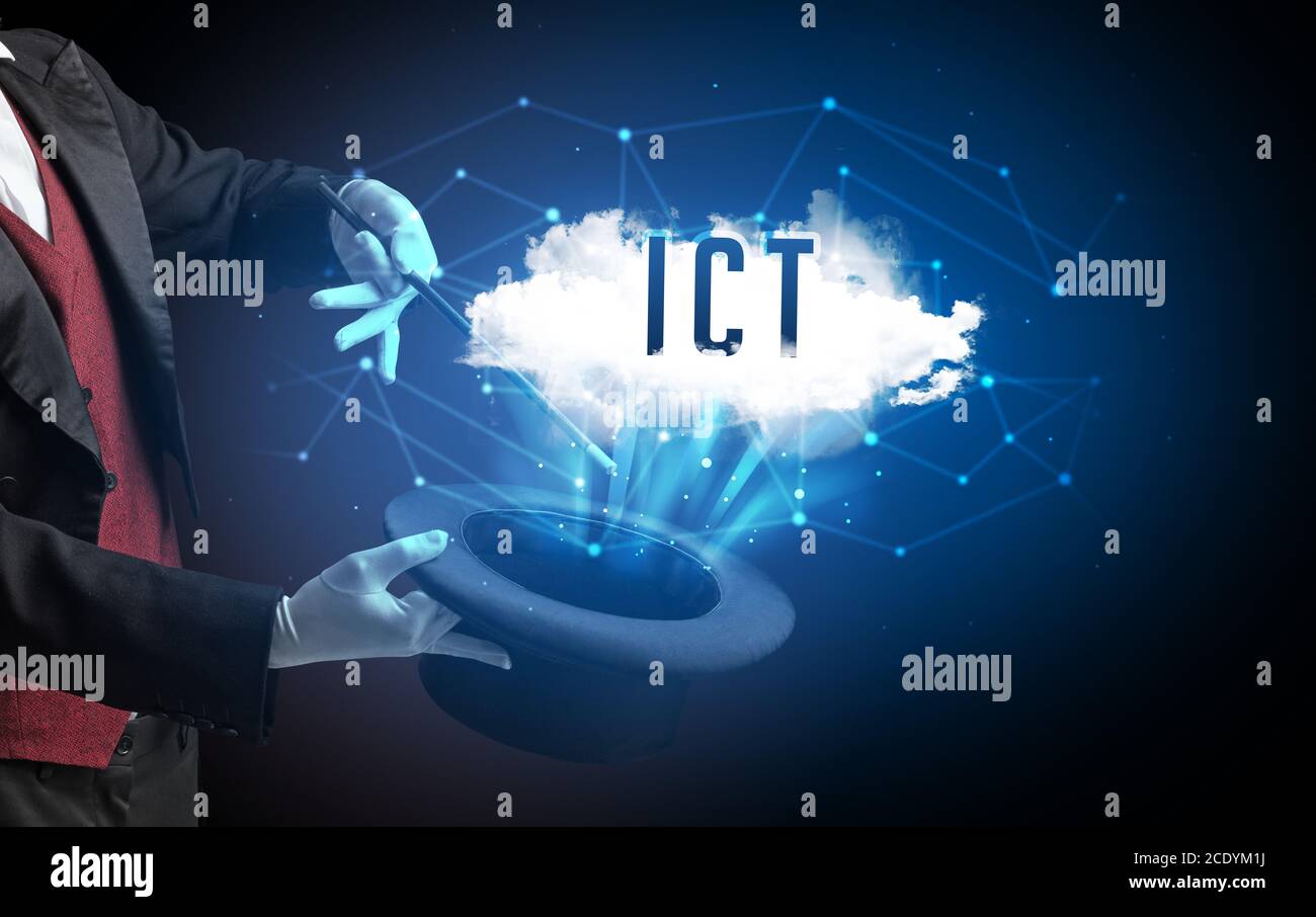 Magician is showing magic trick with ICT abbreviation, modern tech ...