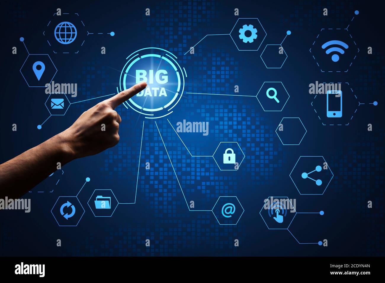 Man pressing Big data button on virtual screen with digital icons ...