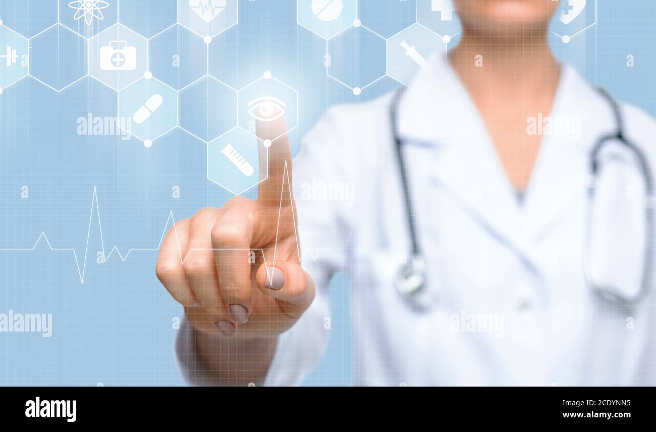 Innovative Medicine. Female doctor pressing button on digital screen ...