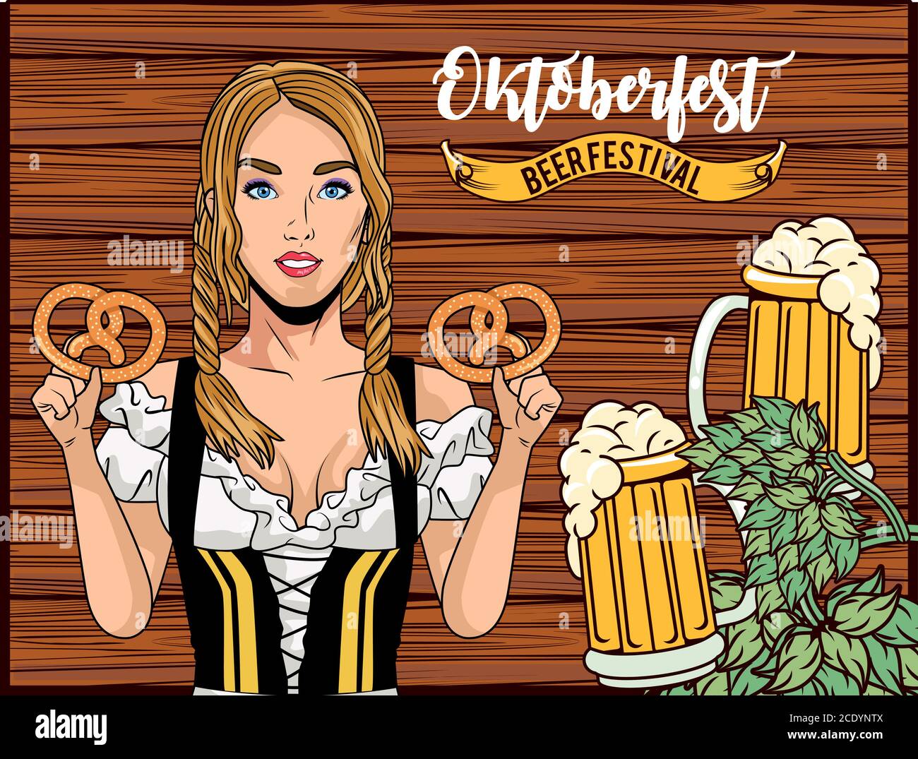 woman cartoon with traditional cloth pretzels and beer glasses design ...